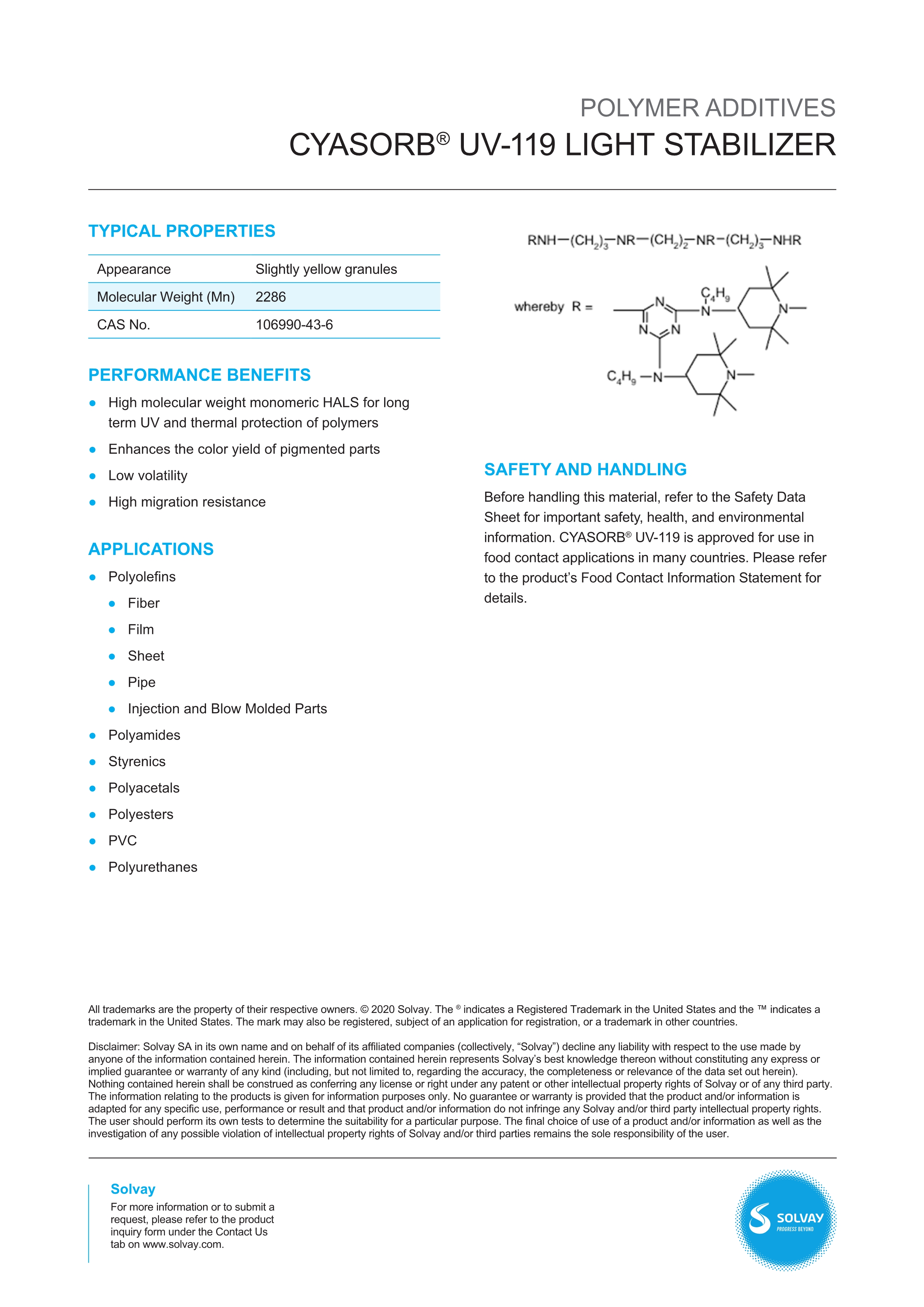 Solvay索尔维CYASORB UV-119 光稳定剂 - 白炭黑_白炭黑厂家_白炭黑价格_炭黑-敬益新材料